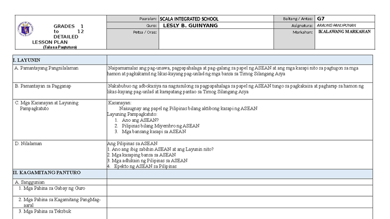 AP LP - Detailed Lesson Plan on ASEAN for G7 Araling Panlipunan - Studocu