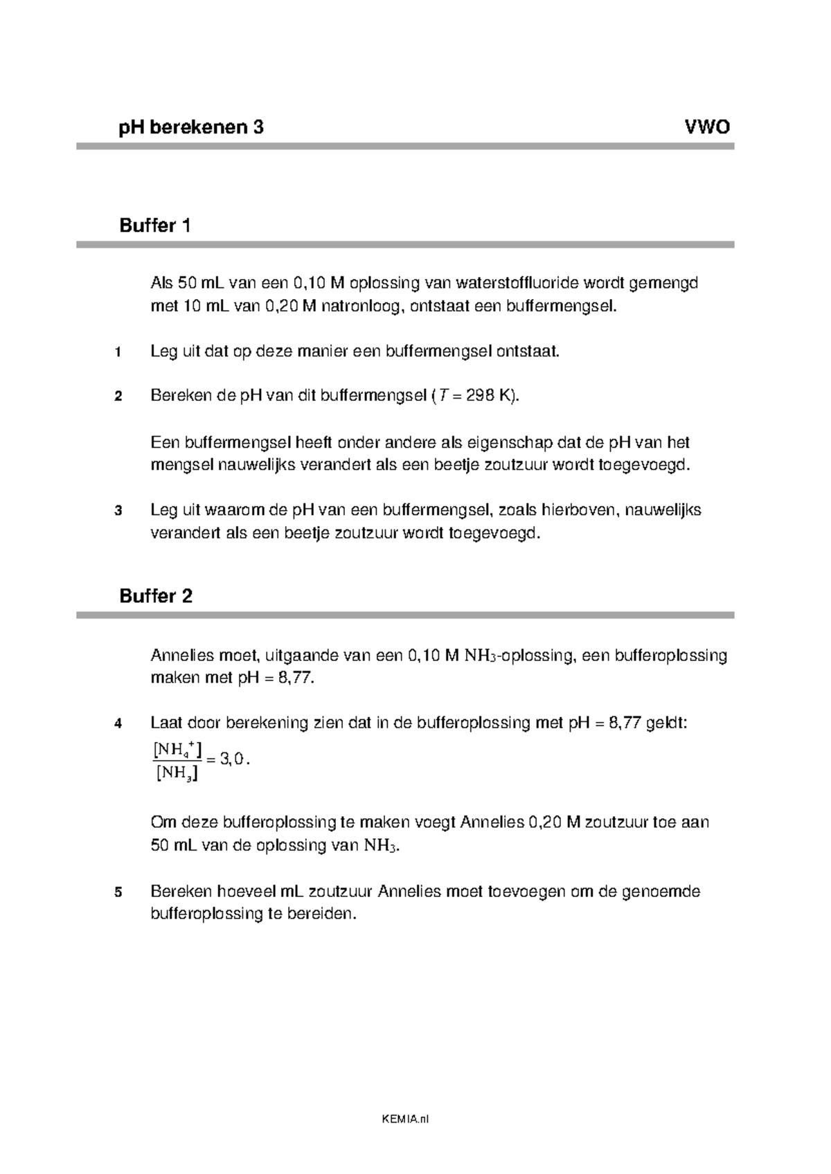 pH Berekenen 3 VWO - Oefenblad Bufferoplossingen en pH Berekeningen ...