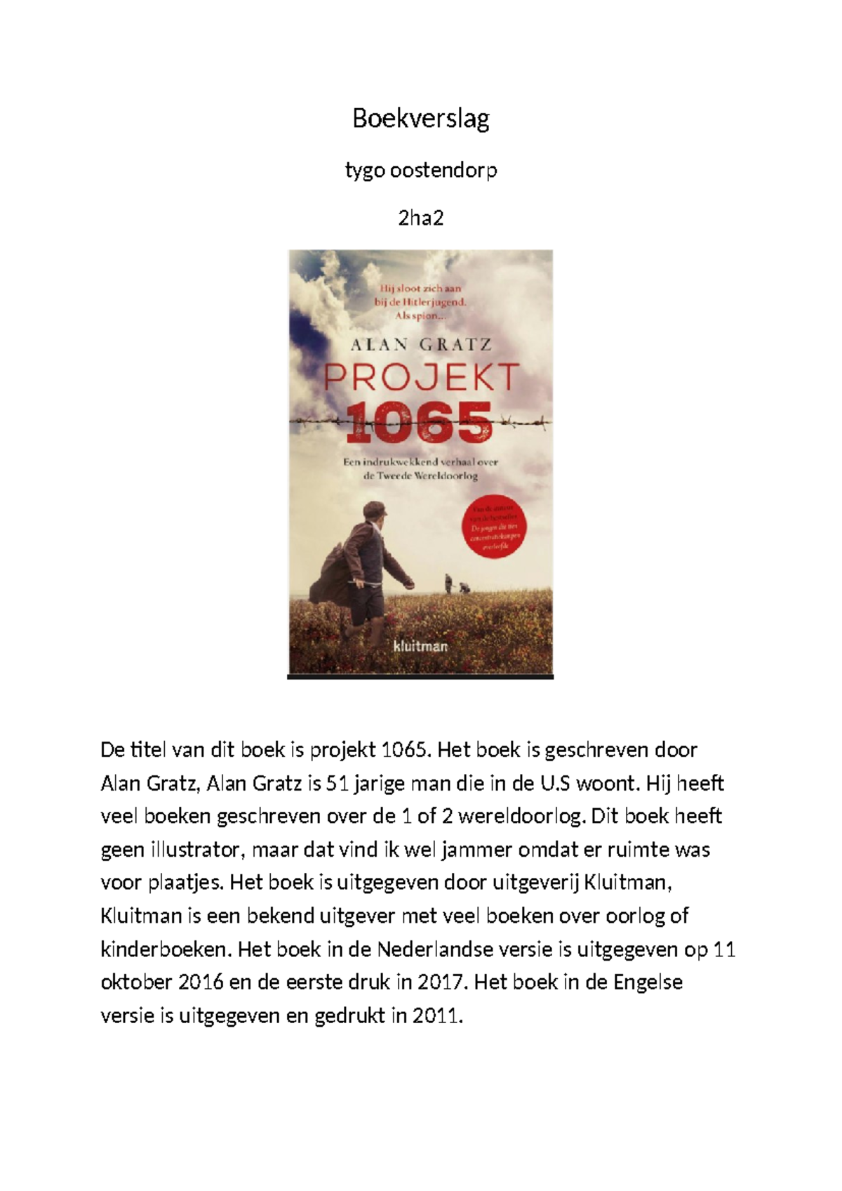 Boekverslag over "Projekt 1065" door Alan Gratz - 2HA2 - Studeersnel
