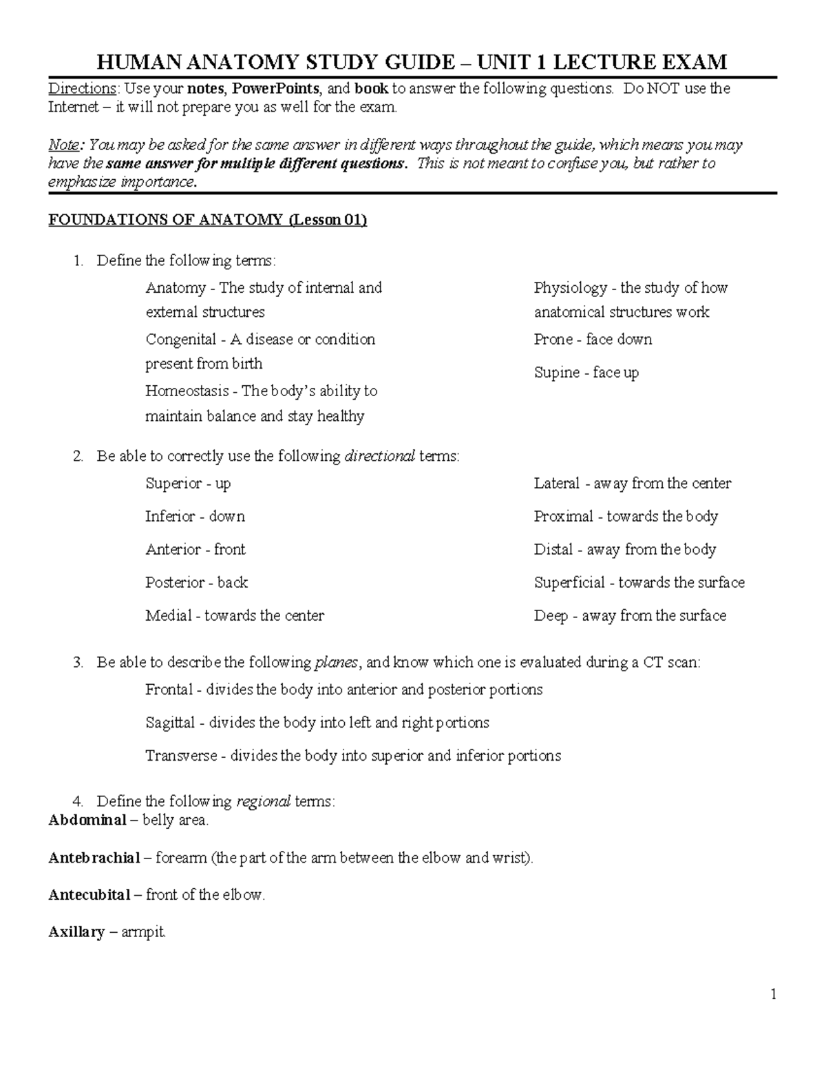 Human Anatomy Study Guide: Lecture Exam Unit 1 Overview - Studocu