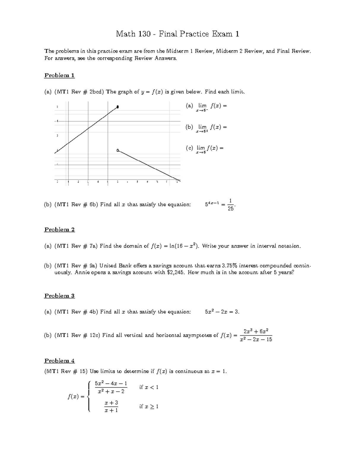 Math 130 Final Practice Exam 1: Comprehensive Review Problems - Studocu