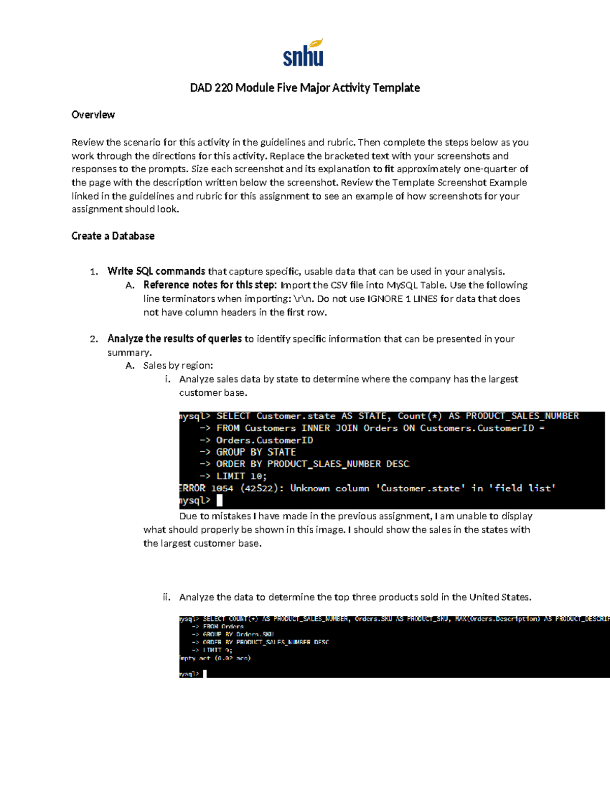 DAD 220 Module 5 Major Activity Template: Database Creation & Analysis ...