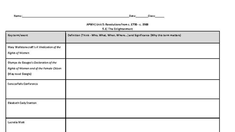 Unit 5 Reading Guide: Revolutions and Enlightenment (c. 1750-1900 ...