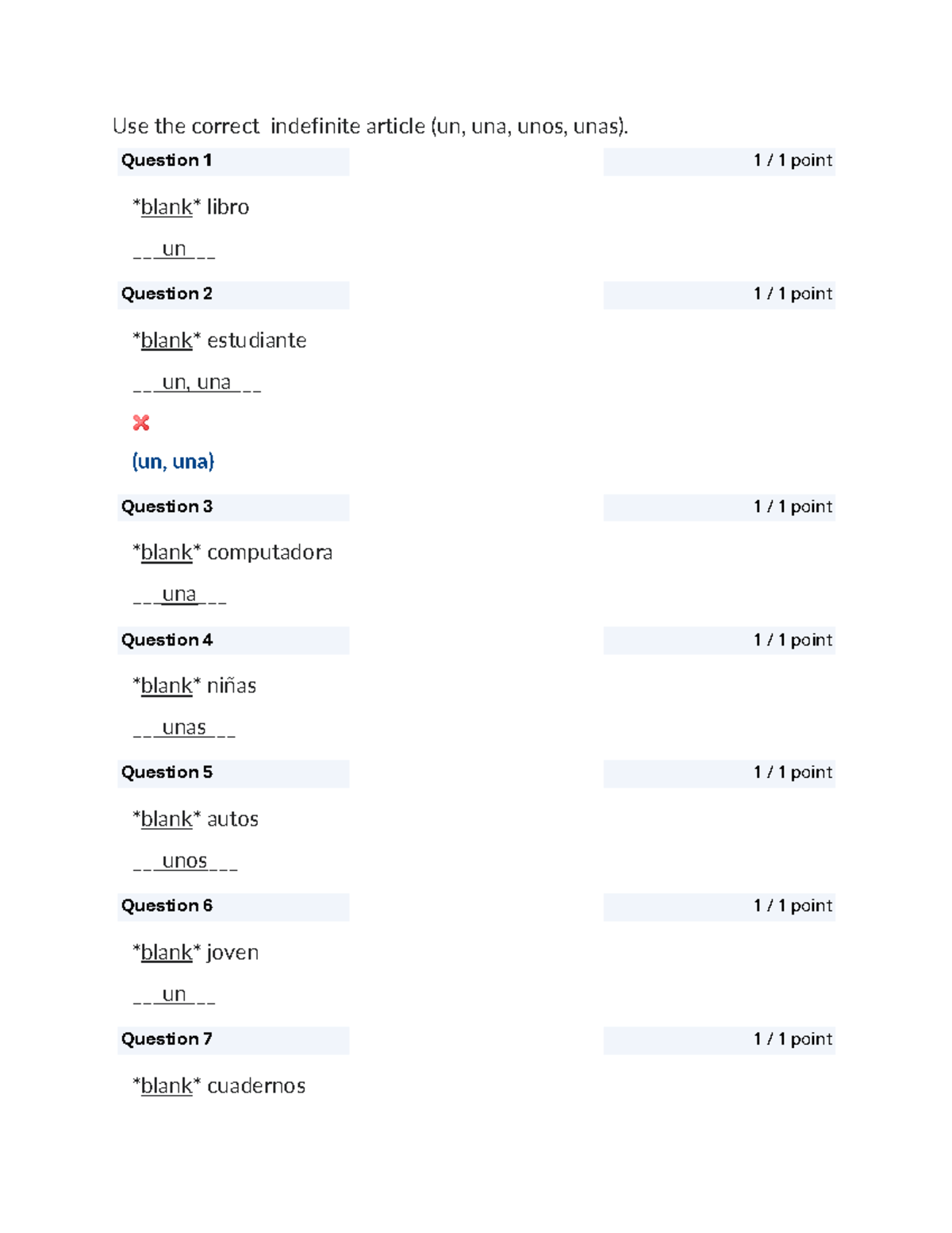 Grammar Quiz on Indefinite Articles and Noun Gender - [Course Code ...