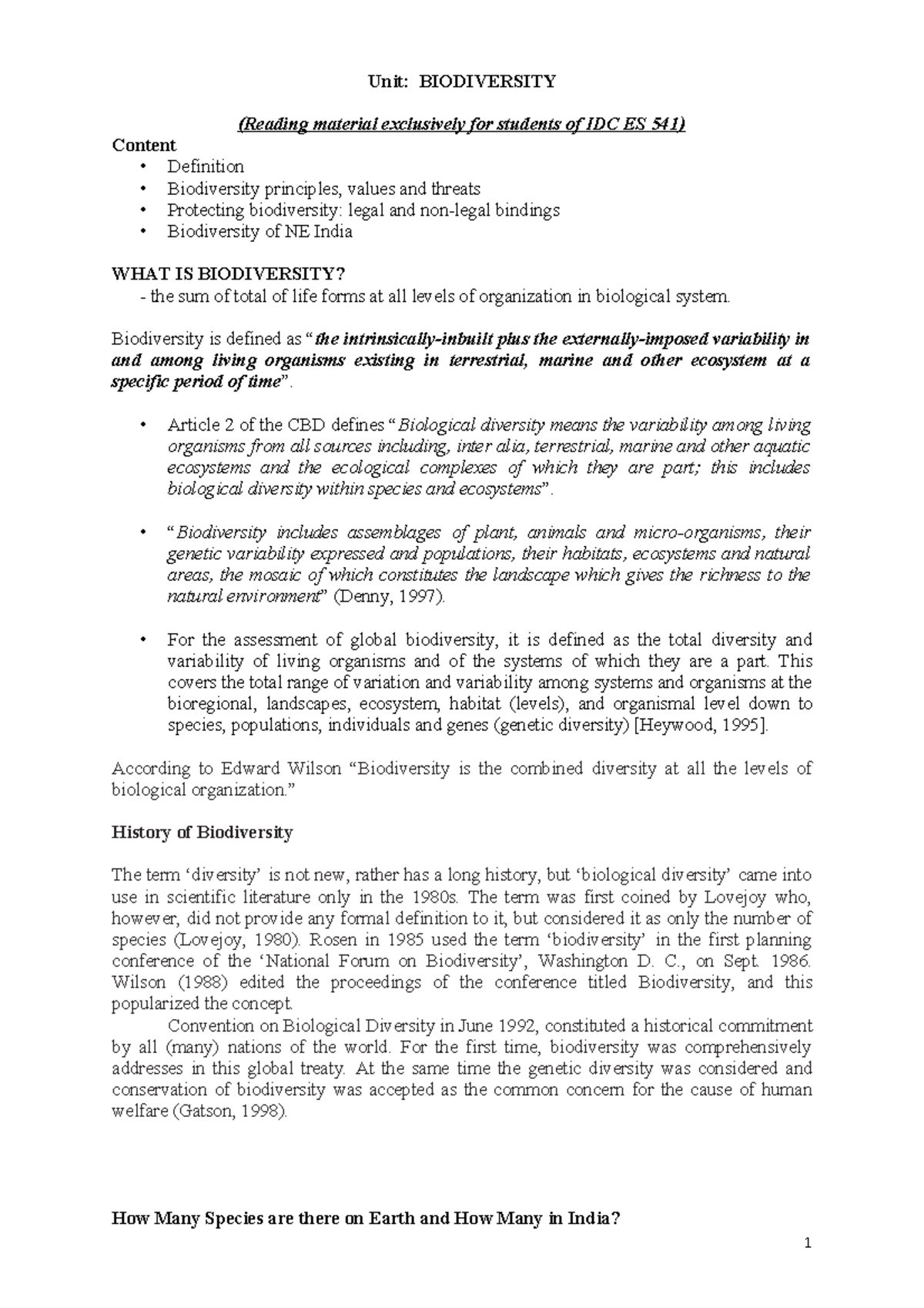 Biodiversity - Lecture notes 1-6 - Unit: BIODIVERSITY (Reading material ...
