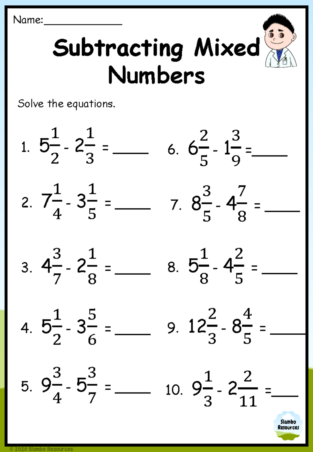 Grade 6 Subtracting Mixed Numbers Worksheet 1 - Name ...