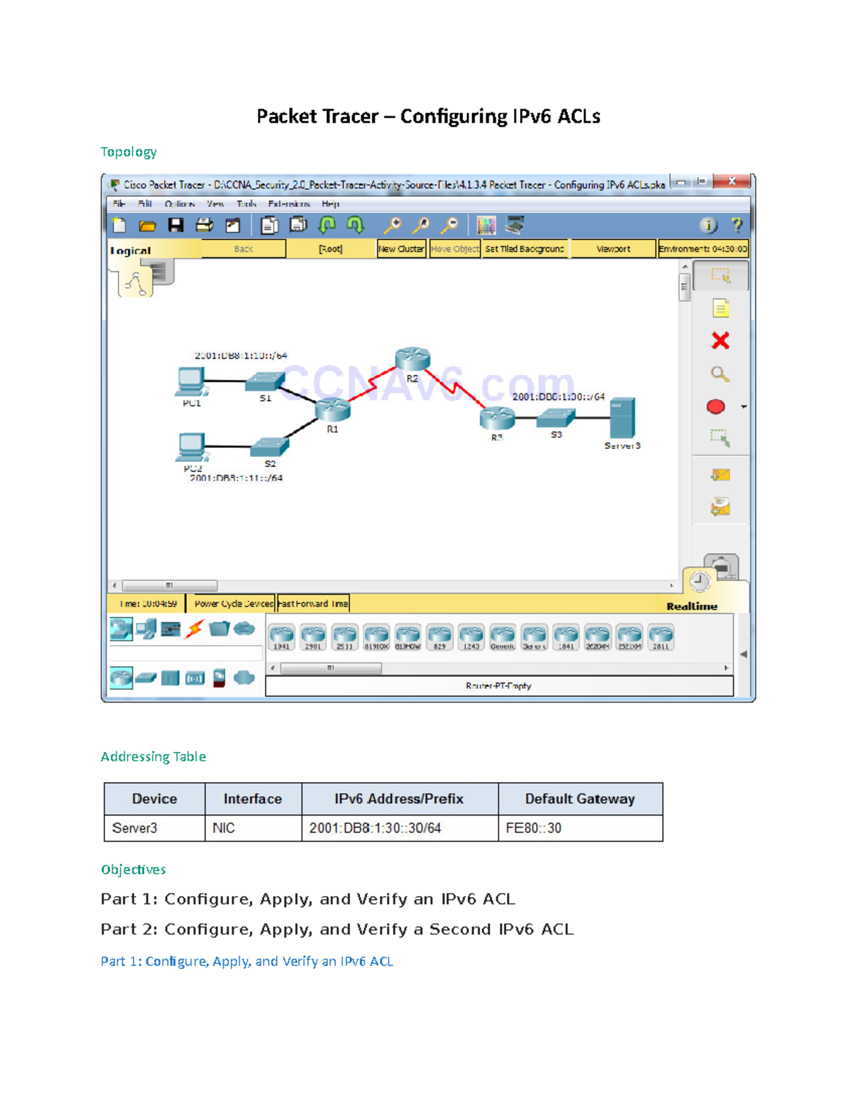 4.1.3.4 Packet Tracer – Configuring IPv6 ACLs Answers - Packet Tracer – Configuring IPv6 ACLs ...