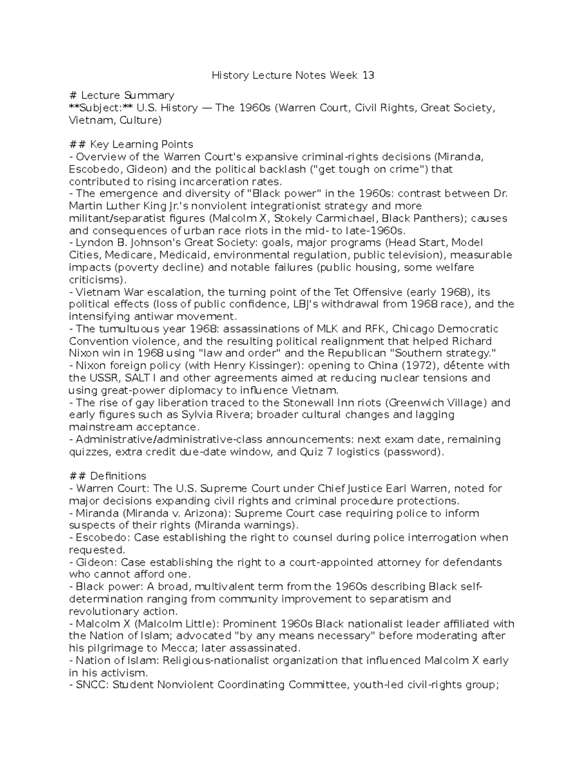 History 101 Lecture Notes: Week 13 - U.S. History in the 1960s - Studocu