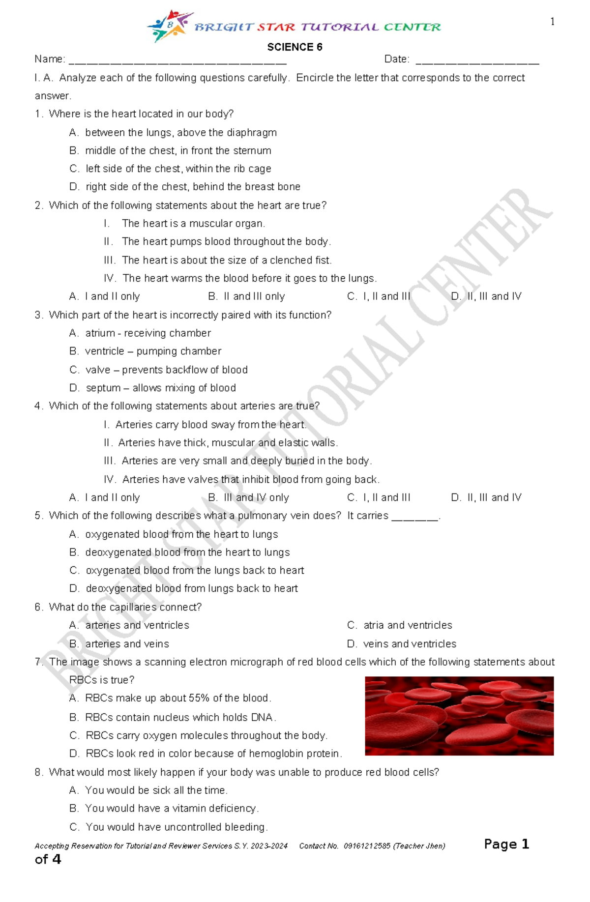 Sci6-Circulatory System Exercise 3 Answer Key and Review - Studocu