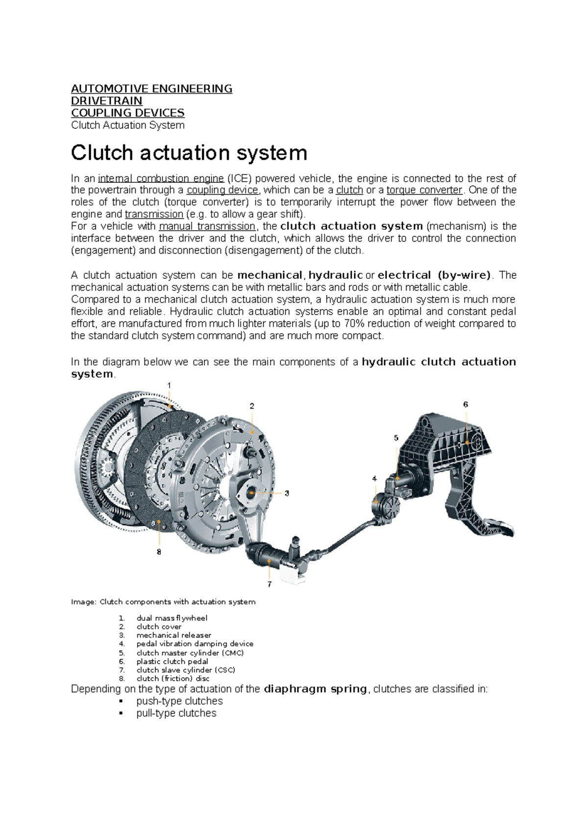 AUTOMOTIVE ENGINEERING: Clutch Actuation System Overview - Studocu