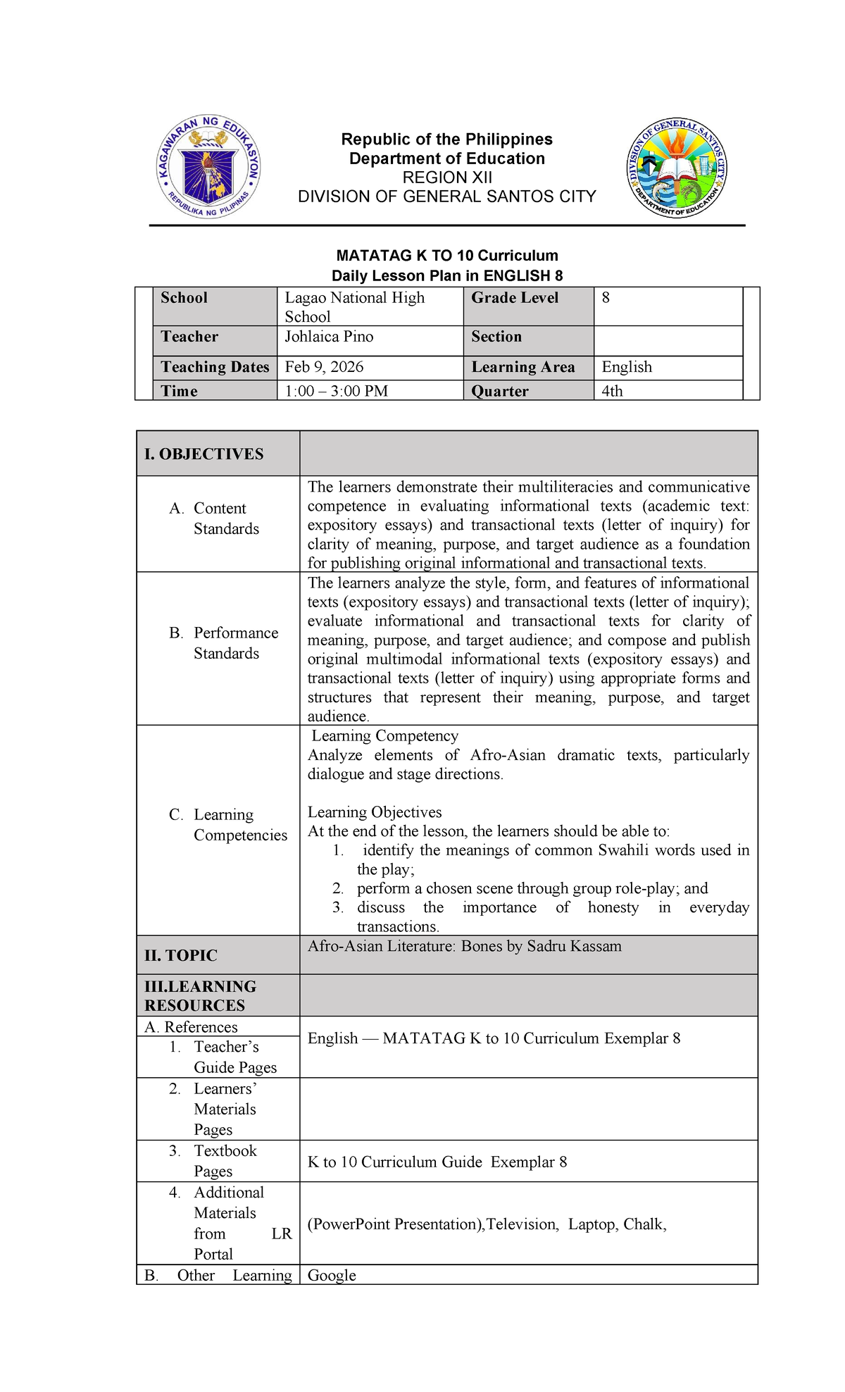 DLP 1: Daily Lesson Plan for English 8 - MATATAG K to 10 Curriculum ...