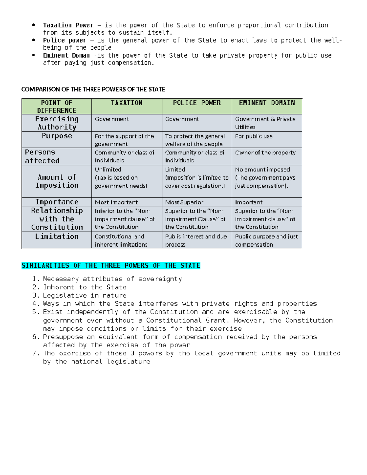 Comparison of the Three Powers of the State: Taxation, Police & Eminent ...