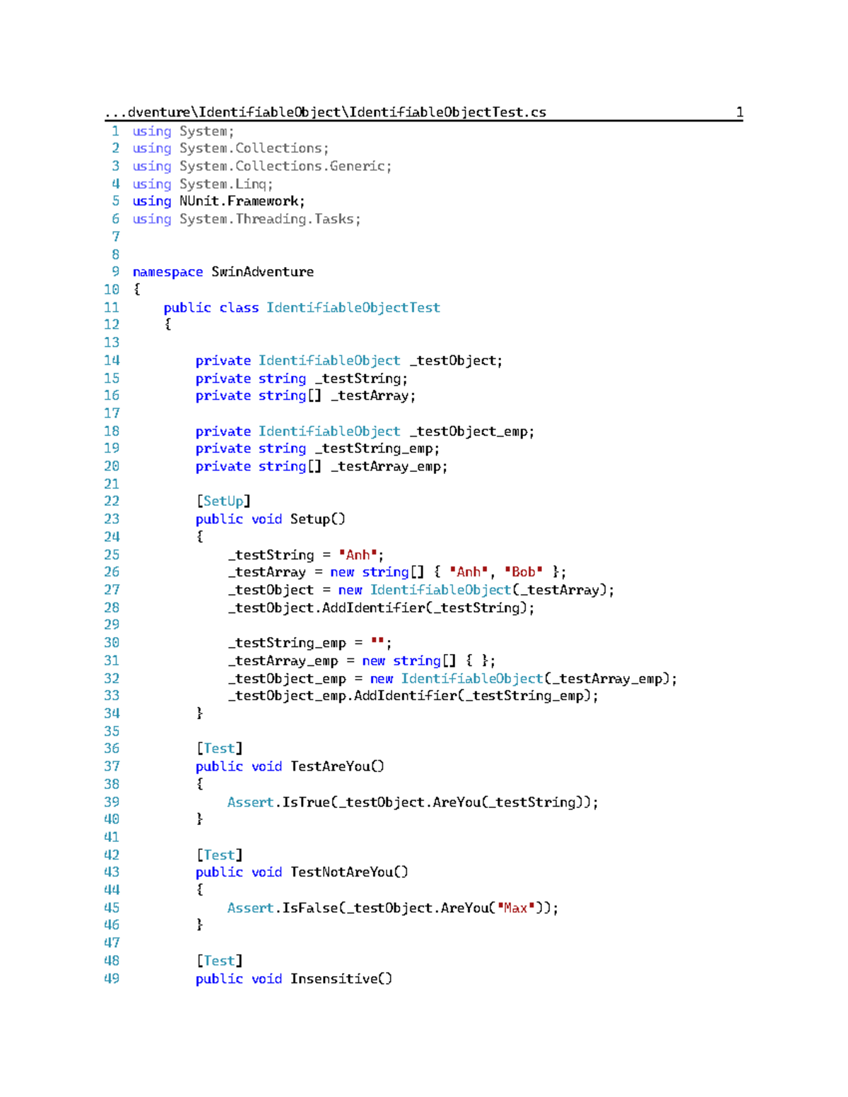2 - IdentifiableObject Test Cases in SwinAdventure Project - Studocu
