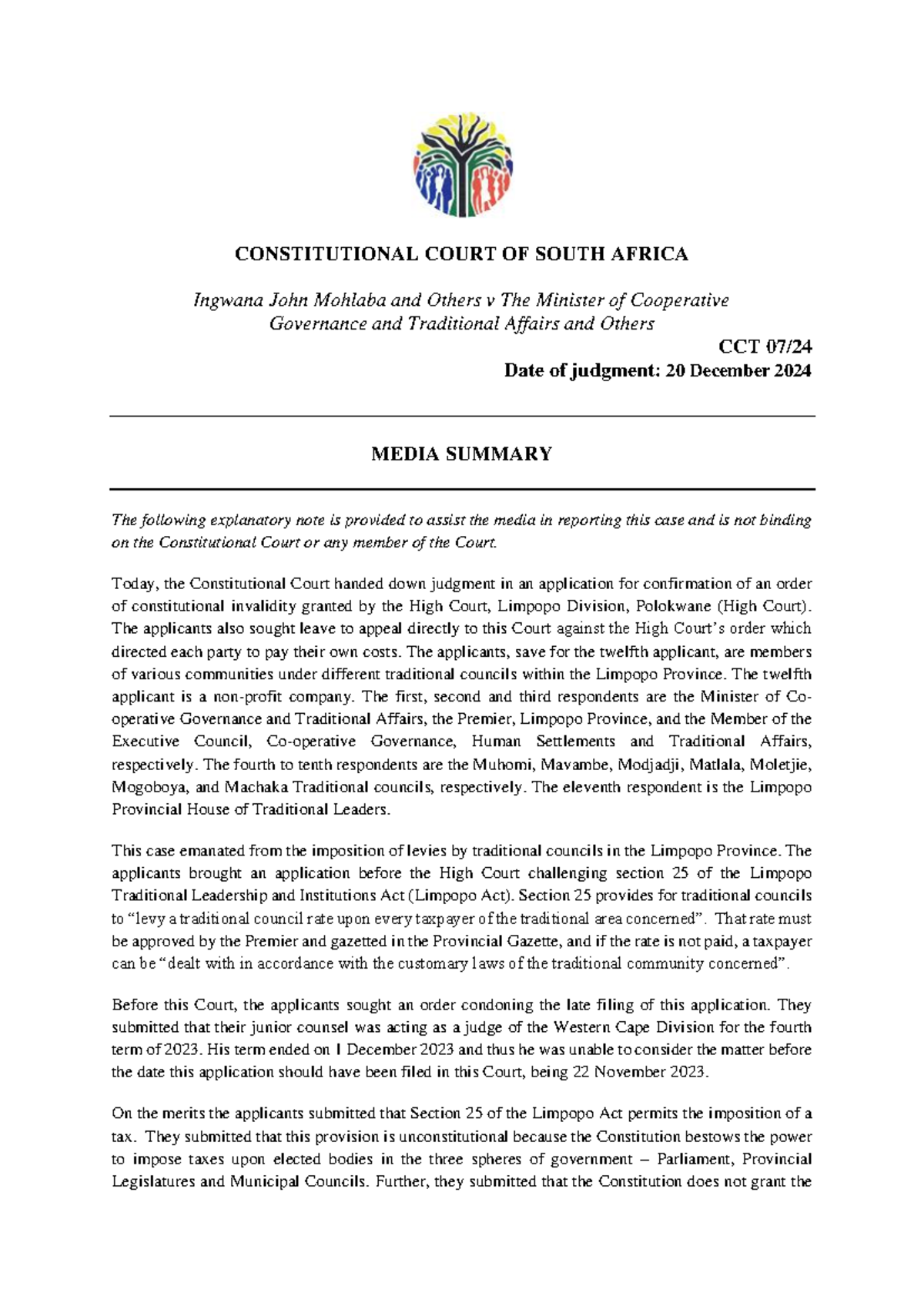 Case law - Mohlaba v Minister of Cooperative Governance and Traditional ...
