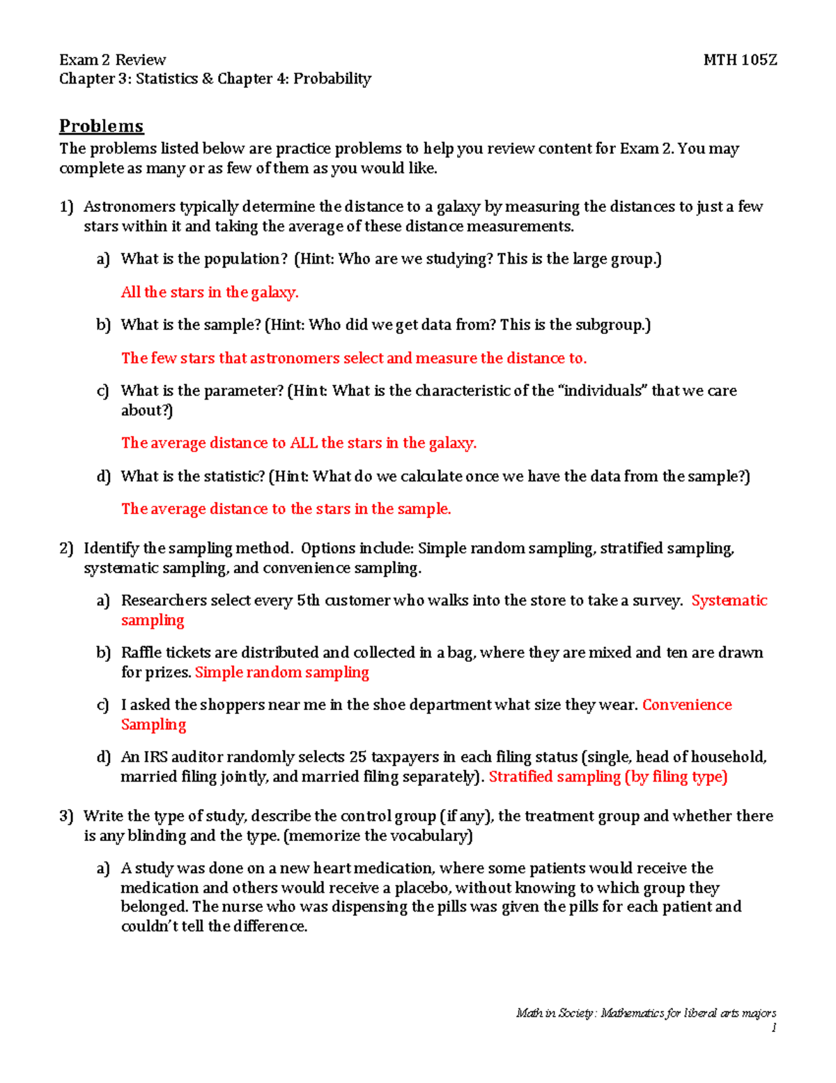 Exam 2 Review - MTH 105Z: Statistics & Probability Practices - Studocu