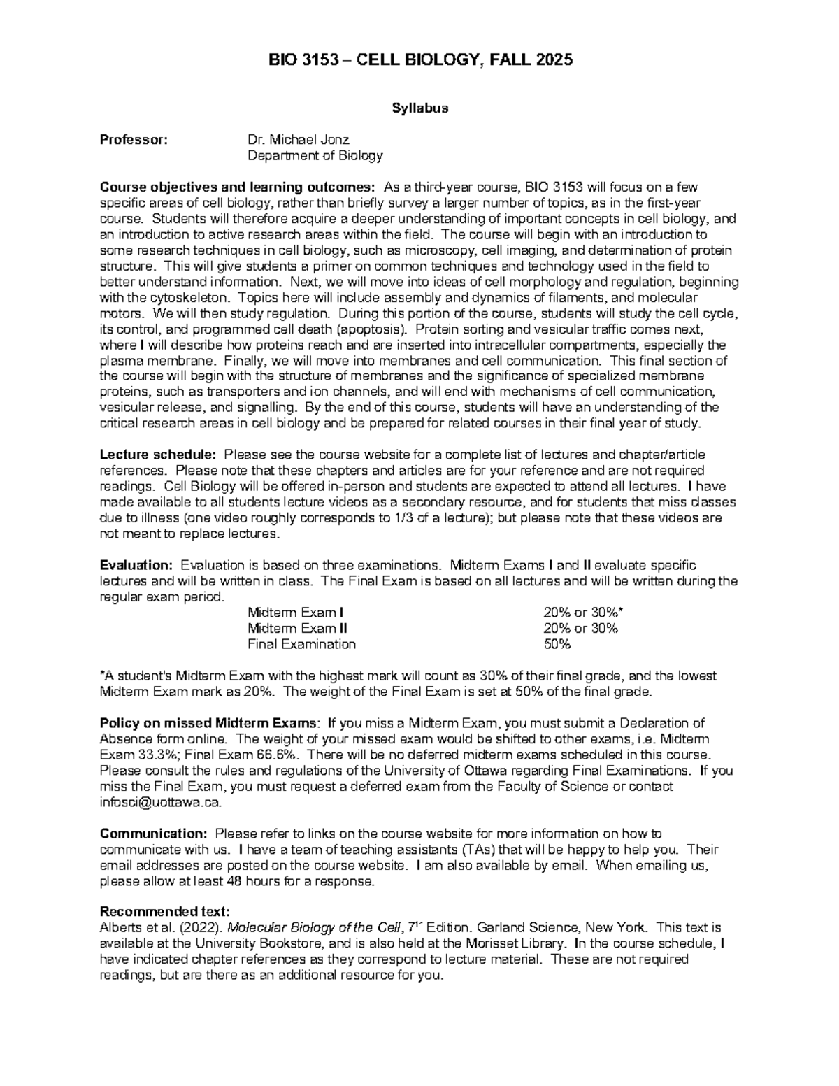 BIO 3153 Cell Biology Fall 2025 Course Syllabus Overview - Studocu