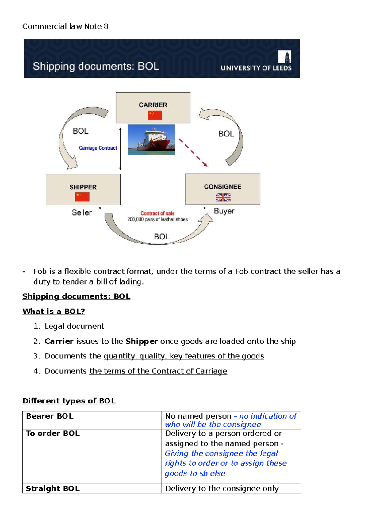 Commercial Law Note 8: Understanding Bills of Lading (BOL) - Studocu