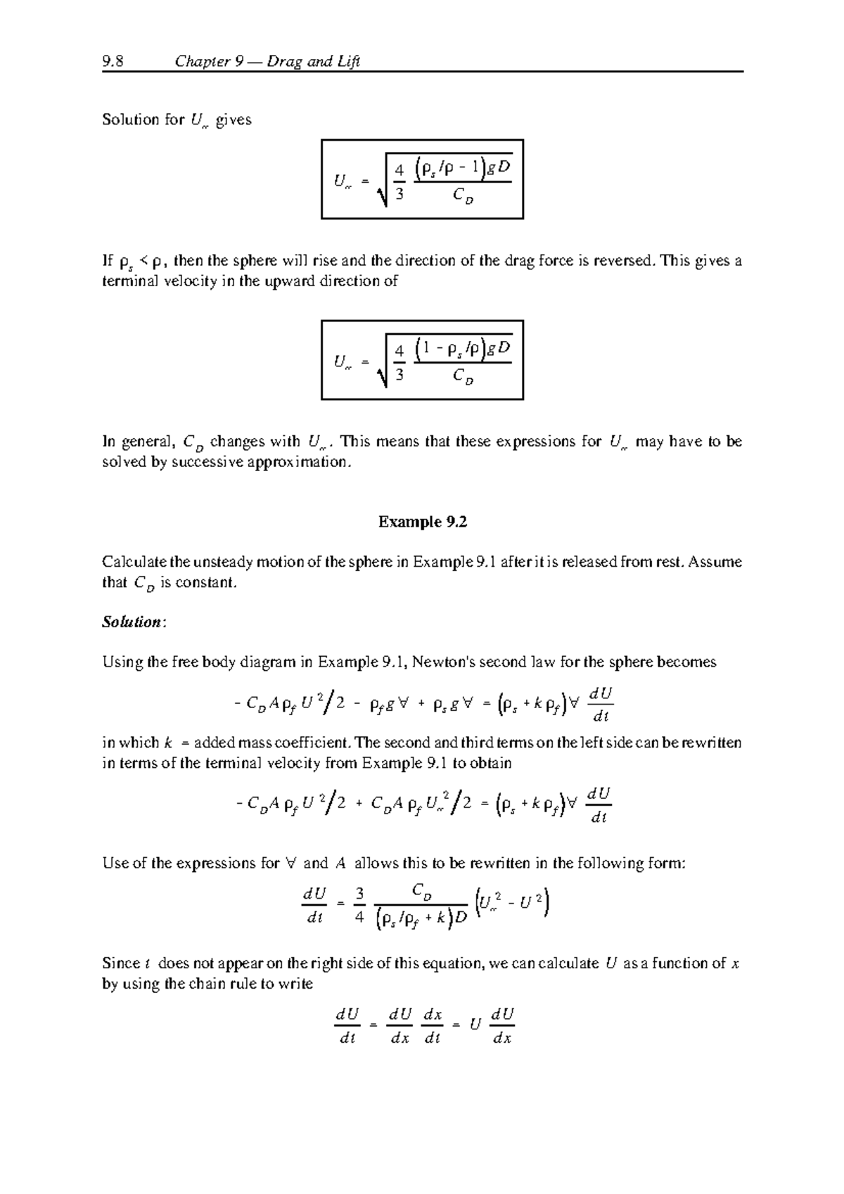 FM CH 9 - Drag and Lift 2 - 9 Chapter 9 — Drag and Lift Solution for U ...