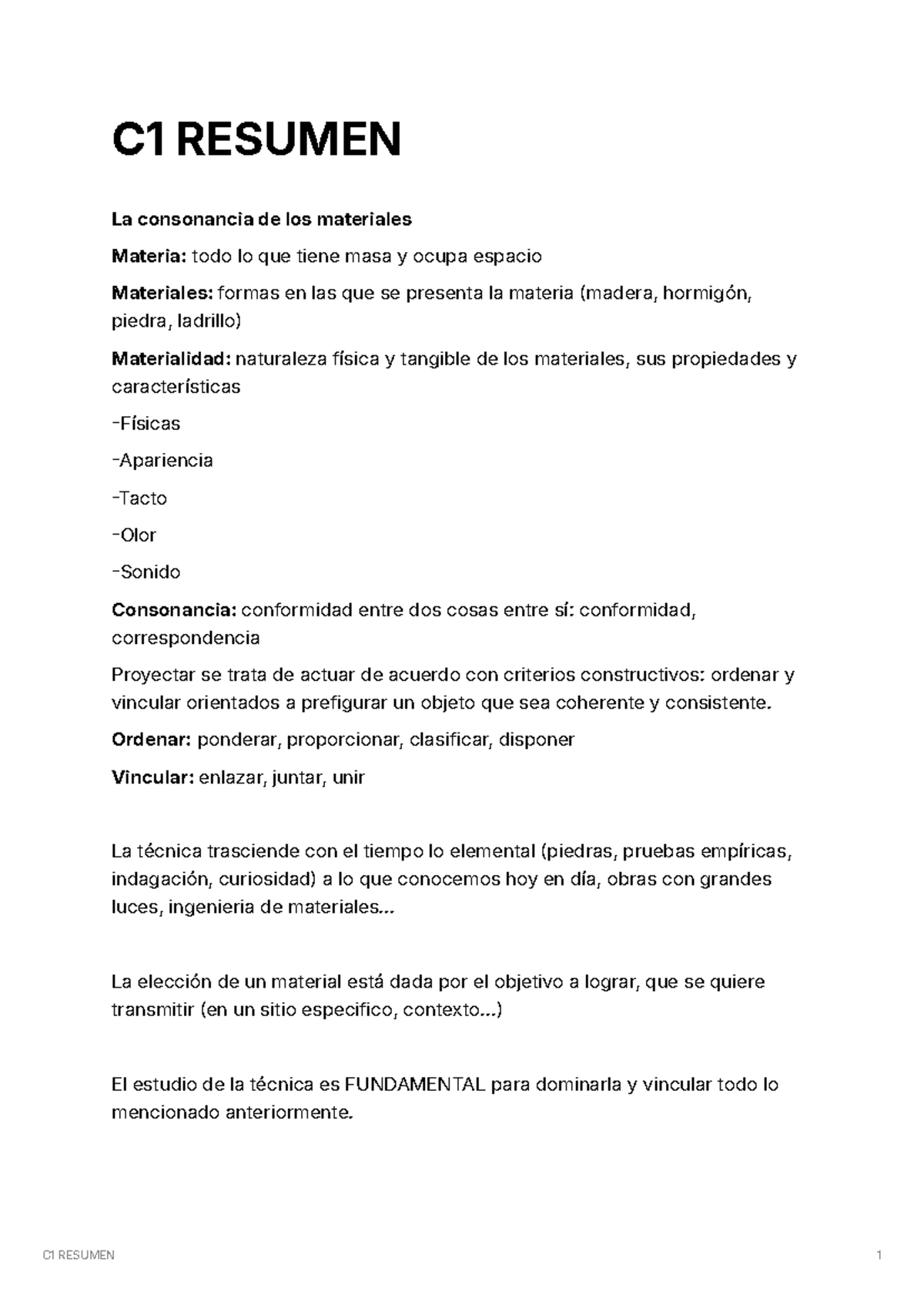 C1 RESUMEN: Consonancia y Materialidad en Construcción - Studocu