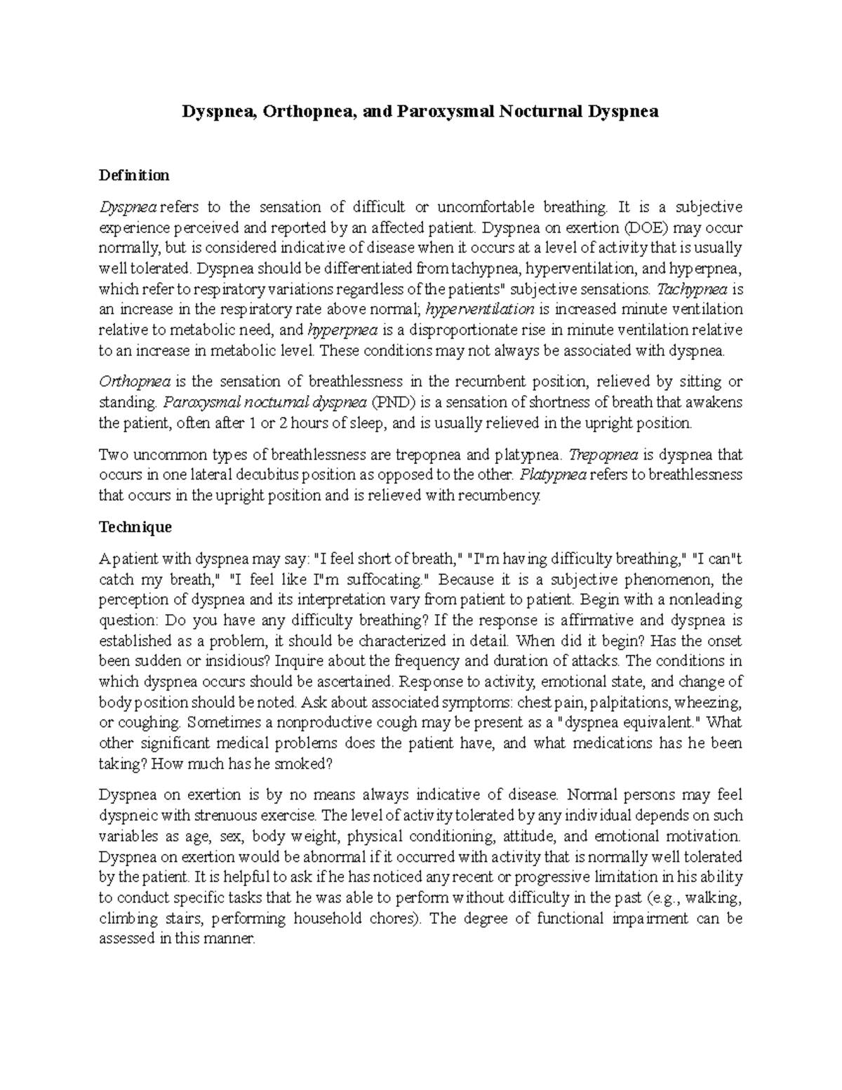 Dyspnea, Orthopnea, and Paroxysmal Nocturnal Dyspnea Overview - Studocu