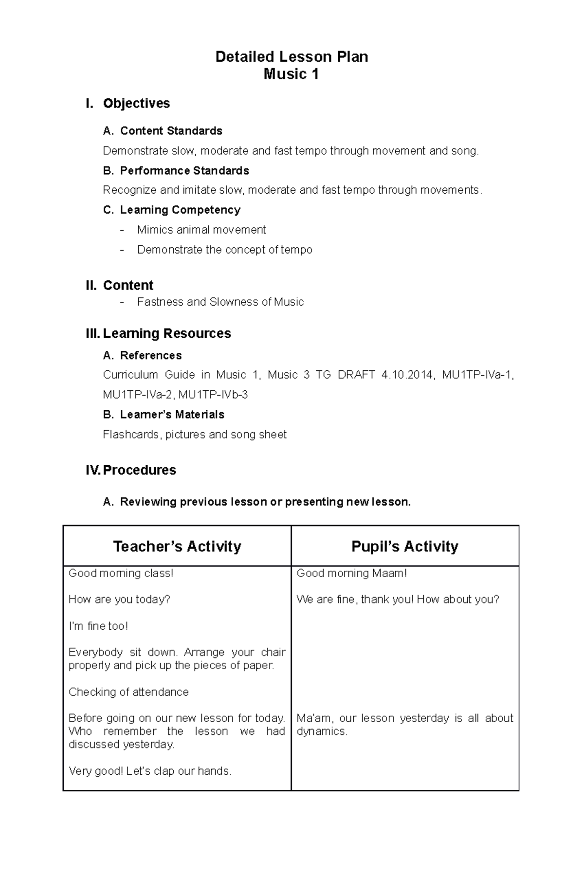 Music 1 Detailed Lesson Plan: Exploring Tempo Through Movement - Studocu