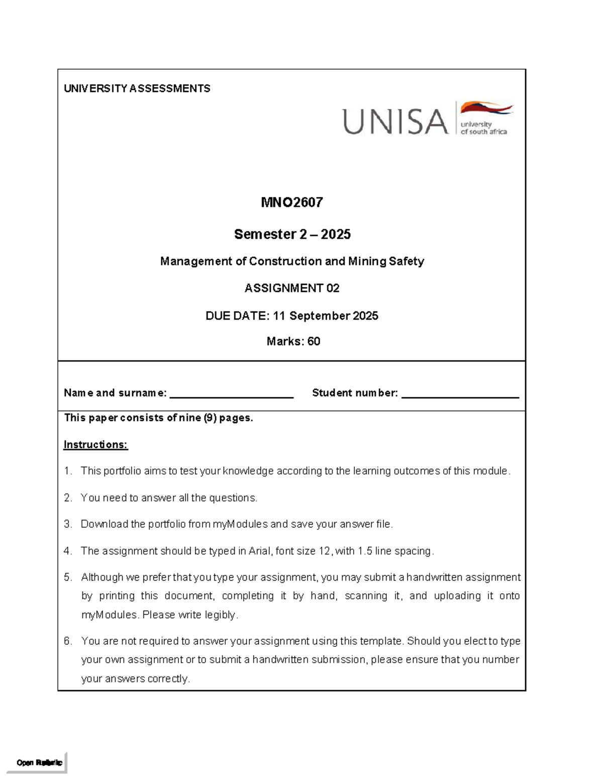 MNO2607 Assignment 02: Management of Construction & Mining Safety S2 ...