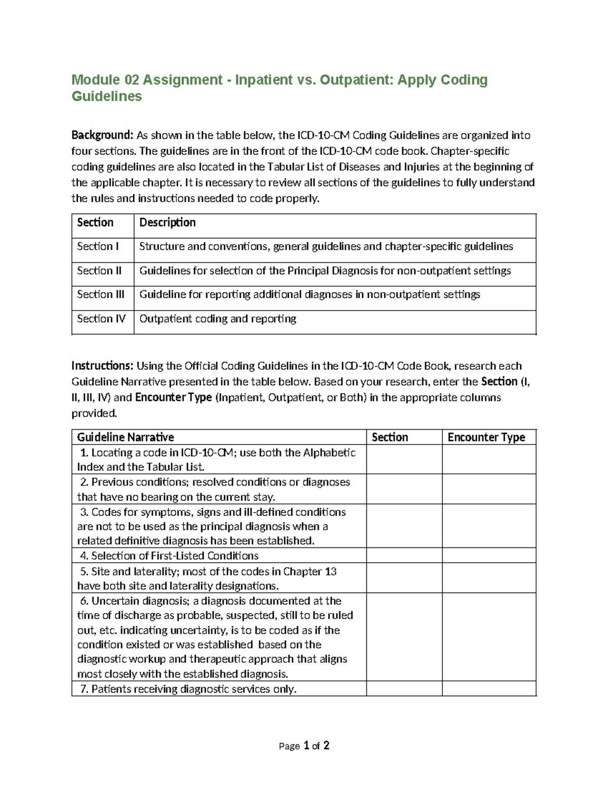 HIM1103 Mod 02 Inpatient vs Outpatient Coding Assignment Worksheet ...