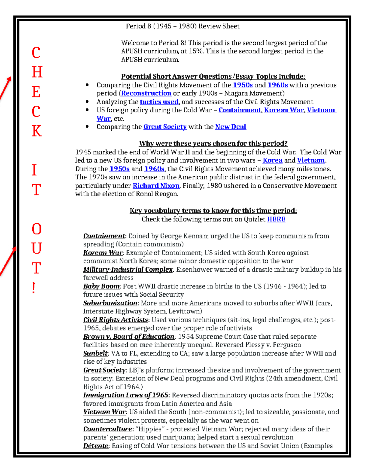 APUSH Period 8 (1945-1980) Review Sheet: Key Topics & Concepts - Studocu