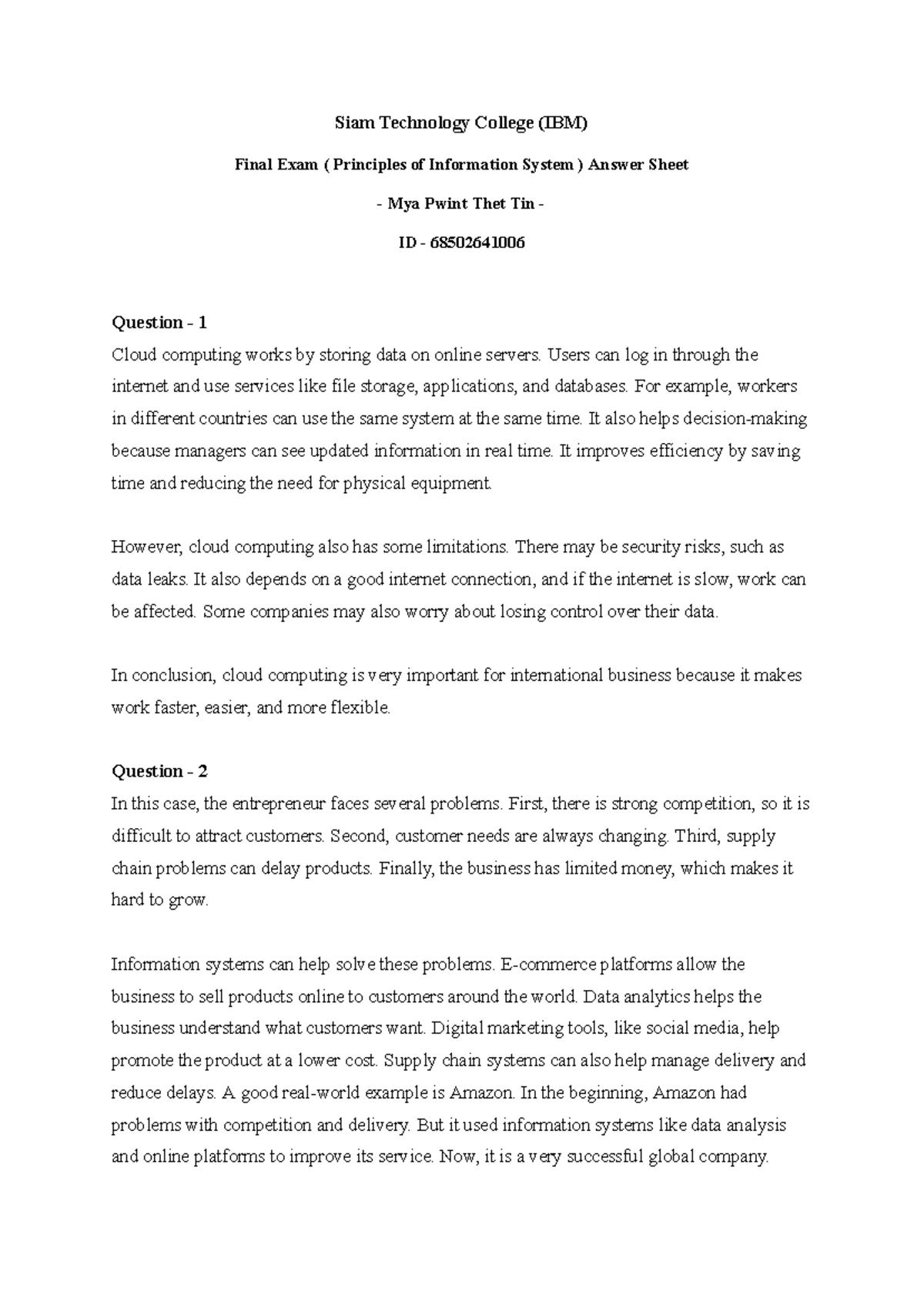 Siam Technology College (IBM) Final Exam Answer Sheet (POIS) - Studocu
