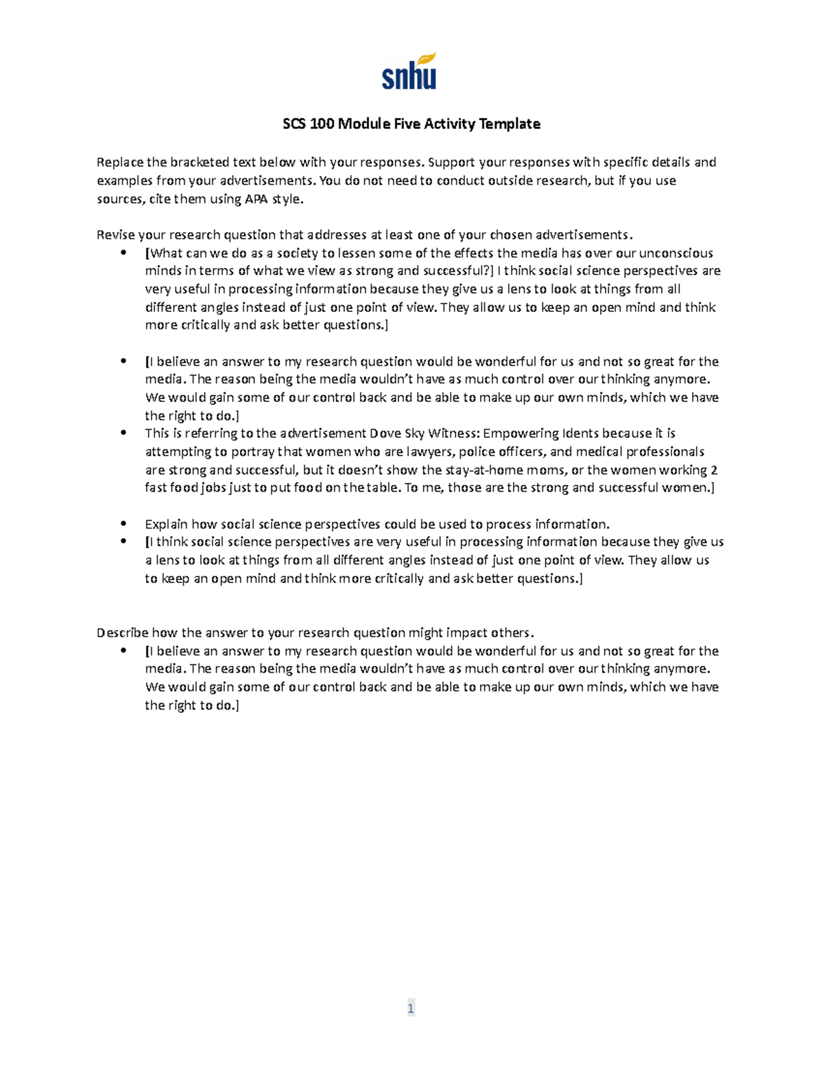 $ Rlfia 6N - week 5 assignment - SCS 100 Module Five Activity Template Replace the bracketed ...