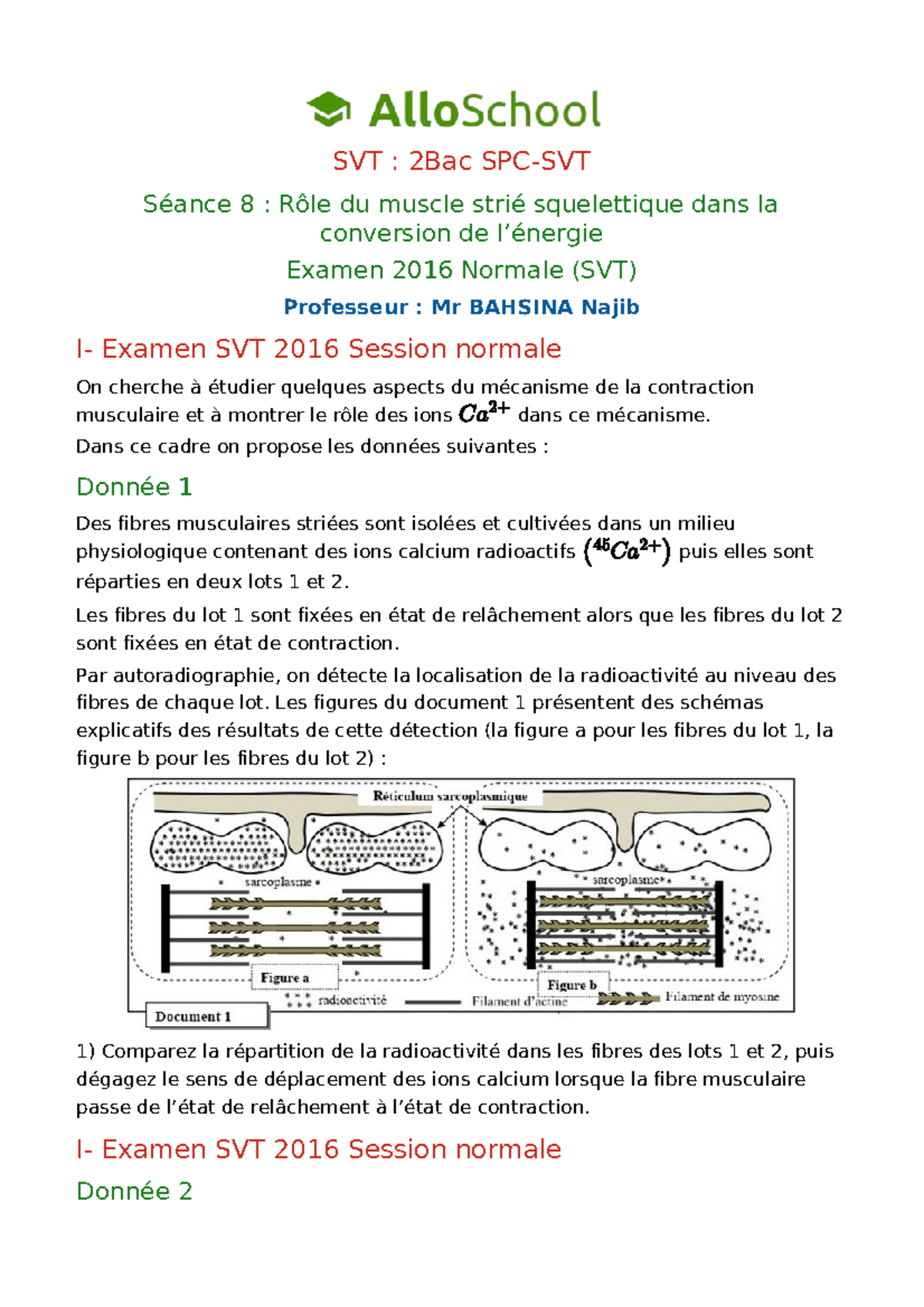 SVT : 2Bac Séance 8 - Rôle du Muscle Strié Squelettique (Examen 2016 ...
