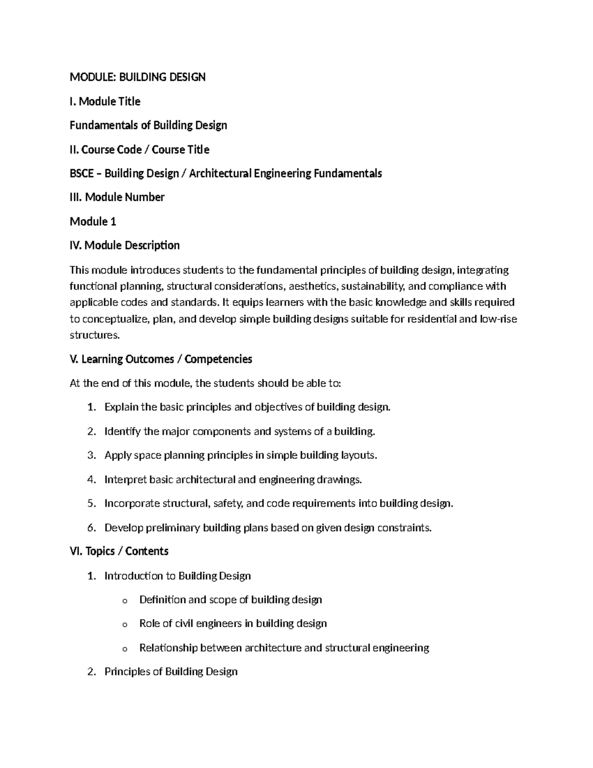 BSCE 101: Fundamentals of Building Design Module Overview - Studocu