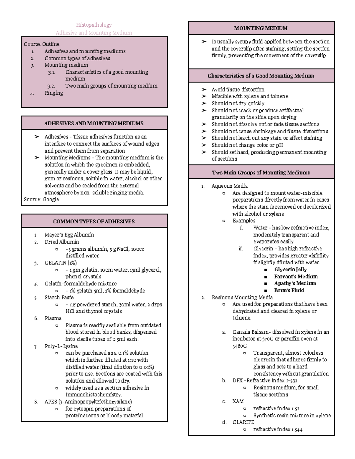 Histopath 101: Adhesives & Mounting Medium Overview - Studocu