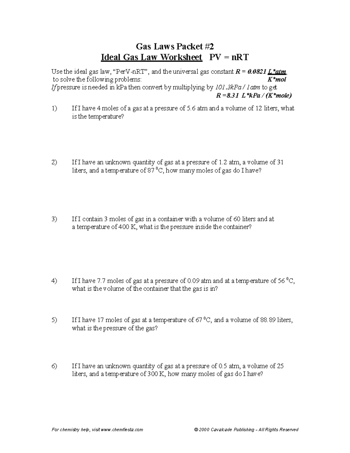 Ideal Gas Law Problems Worksheet (Chemistry) - Studocu