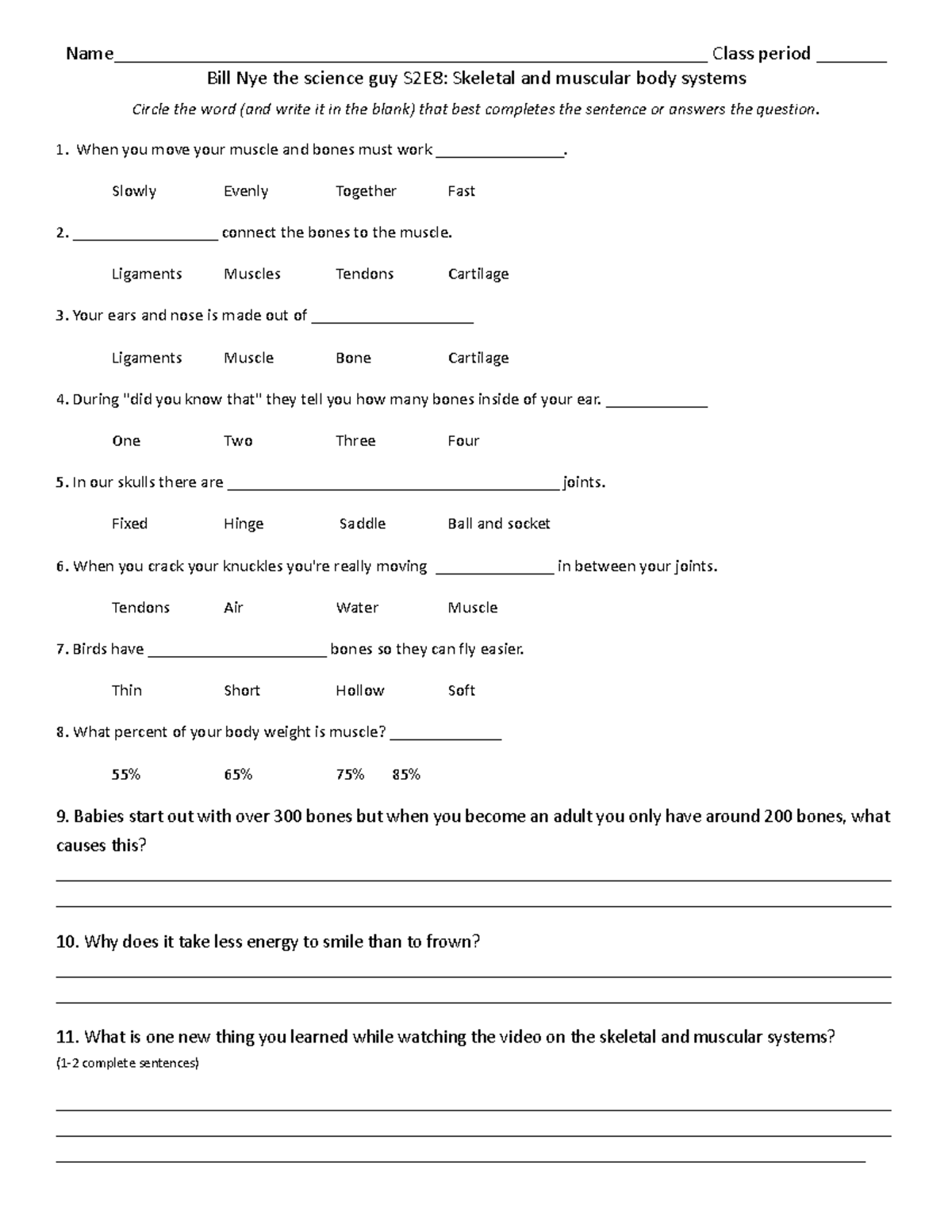 Bill Nye S2E8: Skeleton & Muscles Activity Worksheet - Studocu