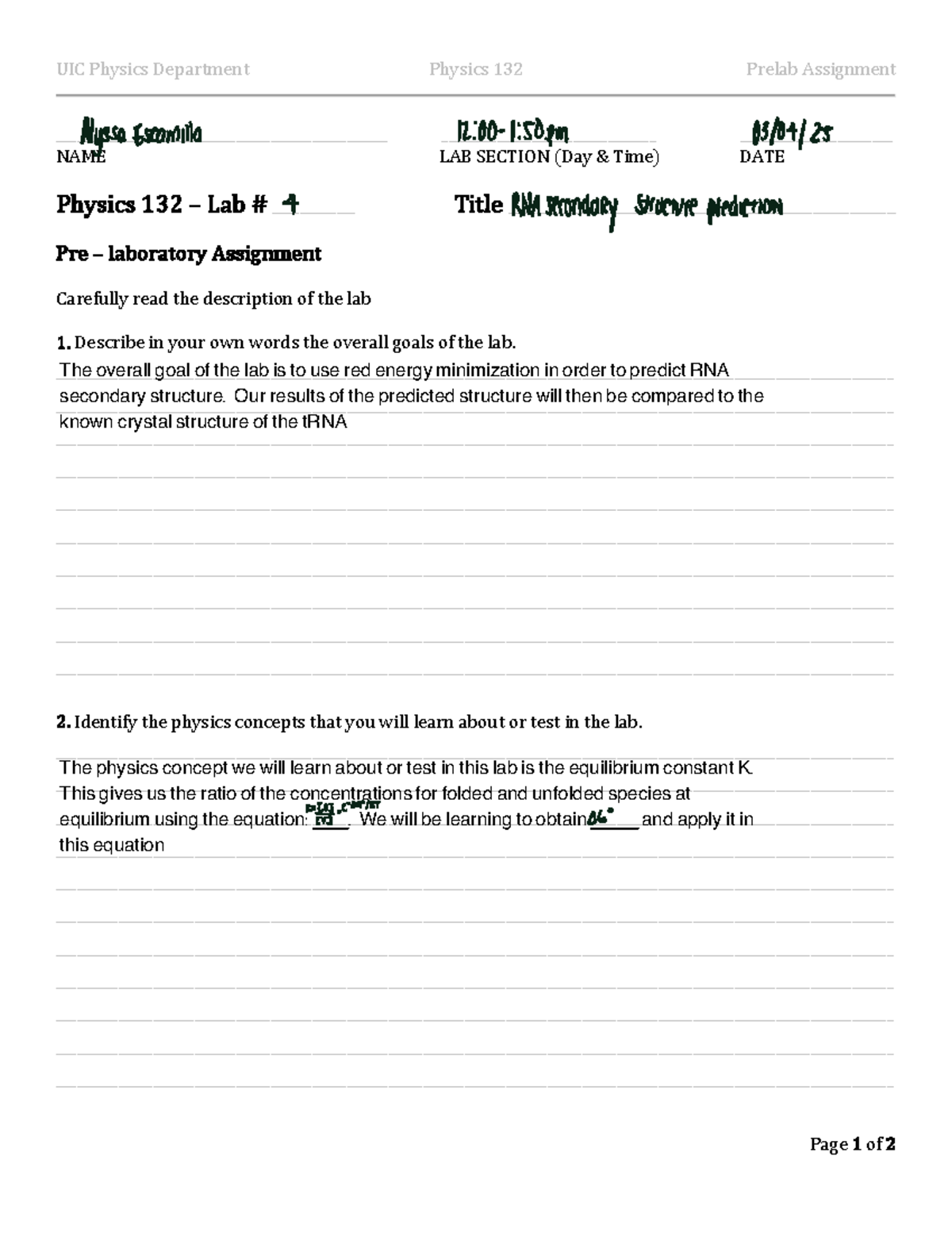 PHYS 132 Lab 4: RNA Secondary Structure Prediction Prelab Assignment - Studocu