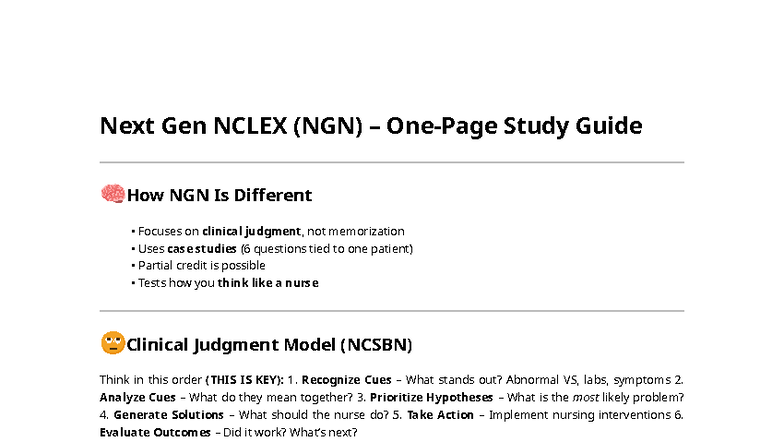 Next Gen NCLEX (NGN) One-Page Study Guide: Clinical Judgment Focus ...