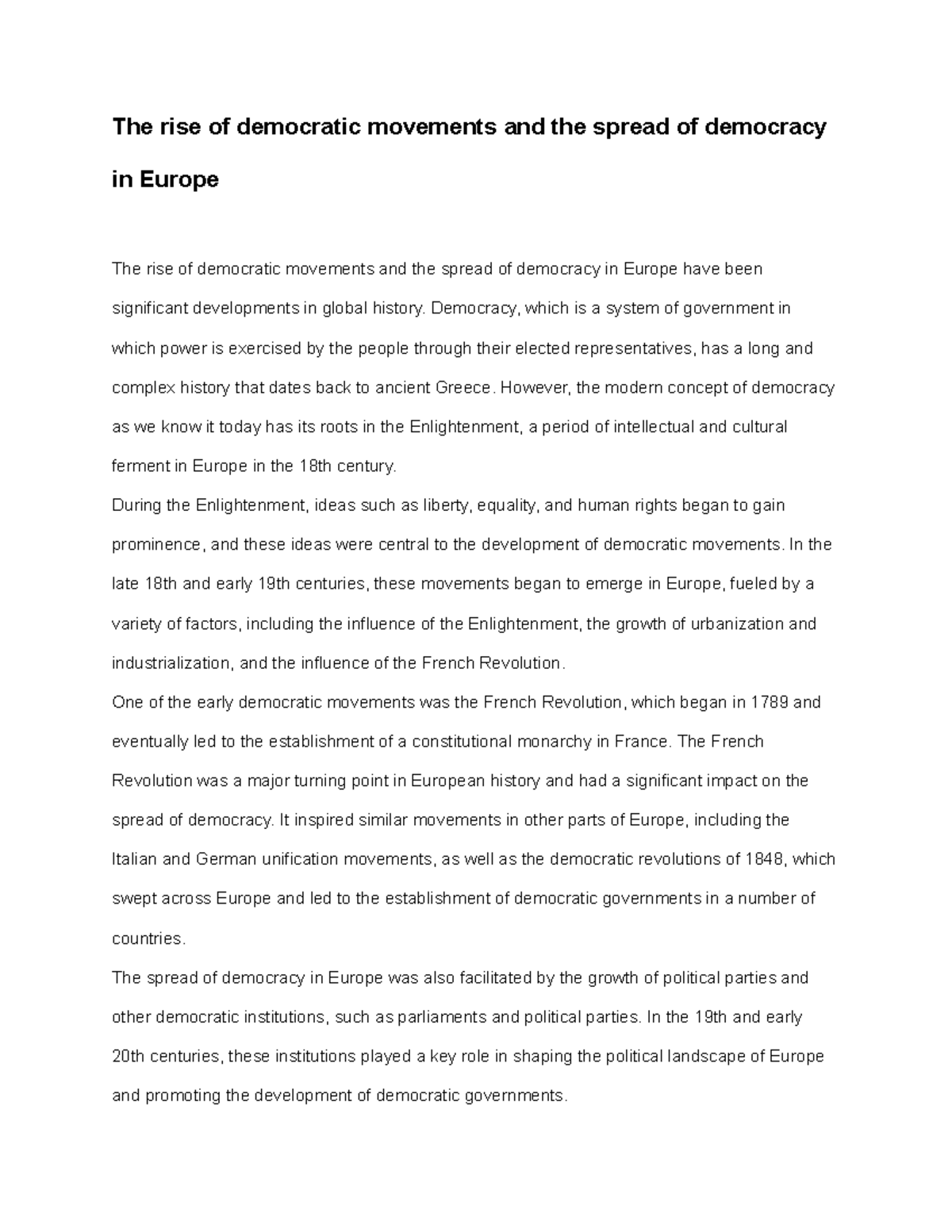 The rise of democratic movements and the spread of democracy in Europe ...