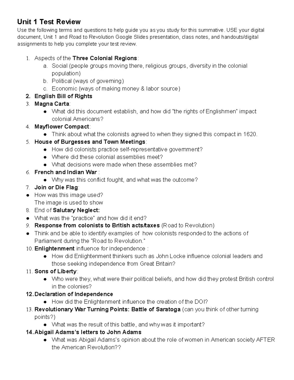 Unit 1 Test Review: Colonial America & Road to Revolution - Studocu