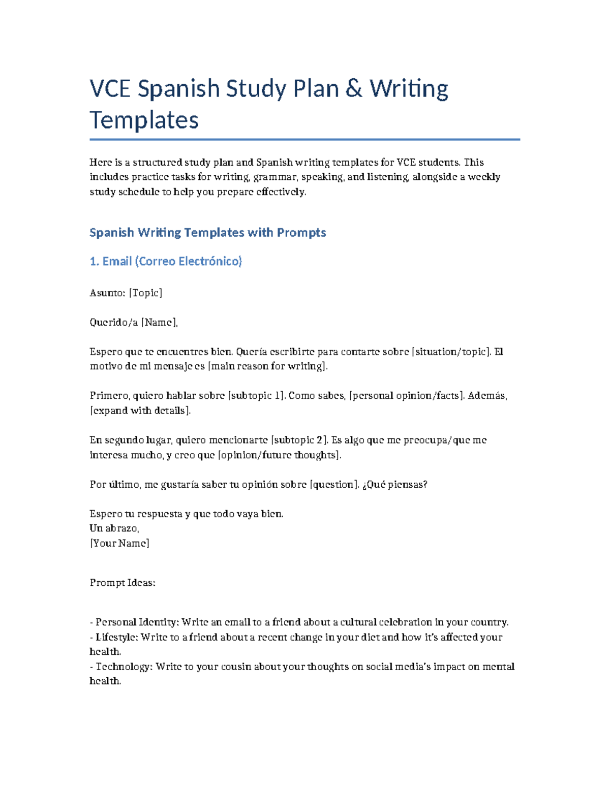 VCE Spanish Study Plan & Writing Templates for Effective Prep - Studocu