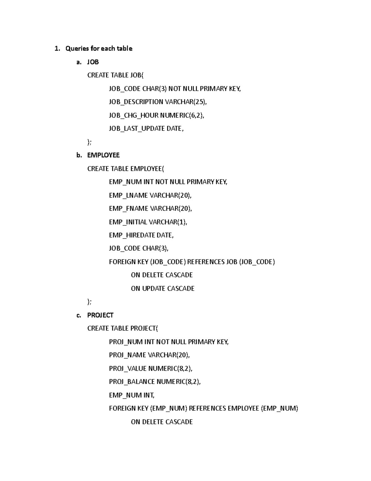Assignment 2 - Developing database using Microsoft SQL Server - Queries for each table a. JOB ...