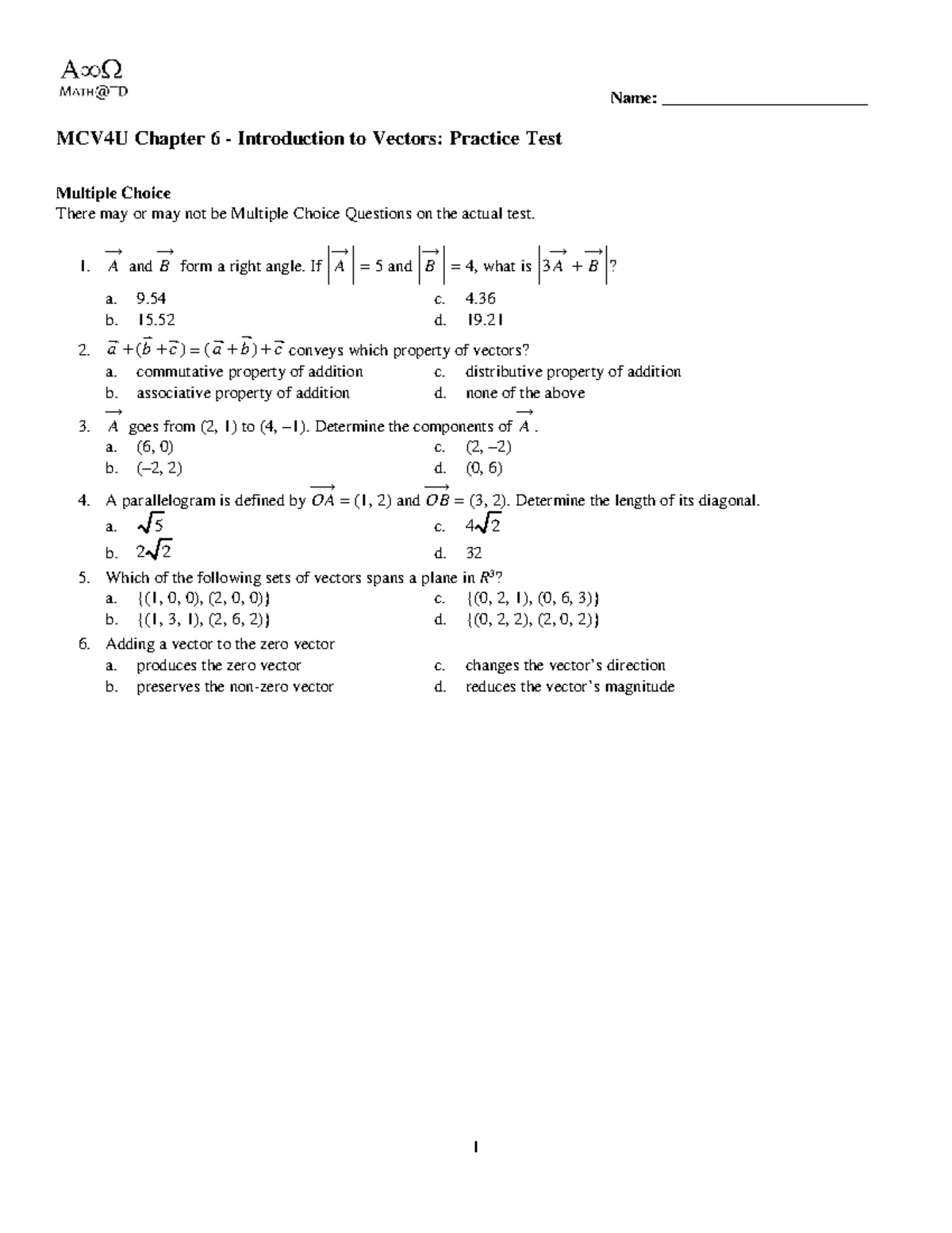 MCV4U Chapter 6 Vectors: Practice Test with Multiple Choice Questions ...