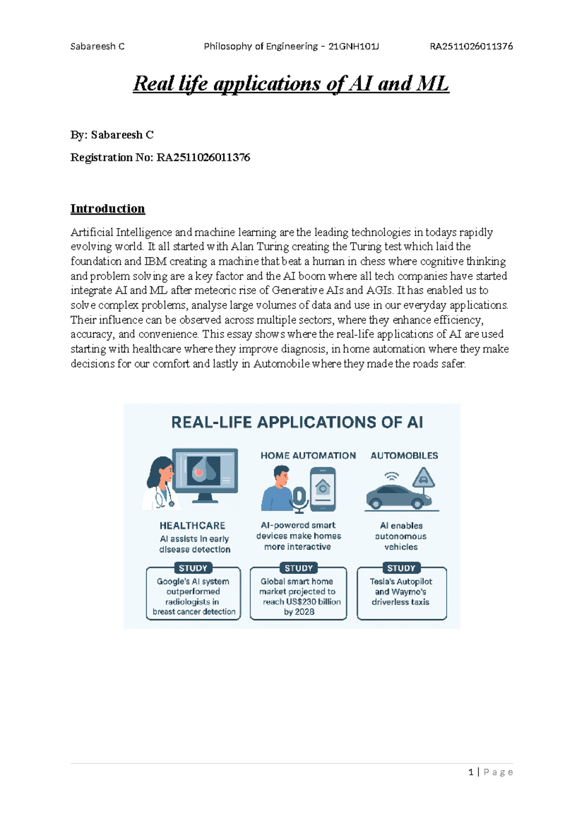 Real-Life Applications of AI & ML in Engineering 21GNH101J - Studocu