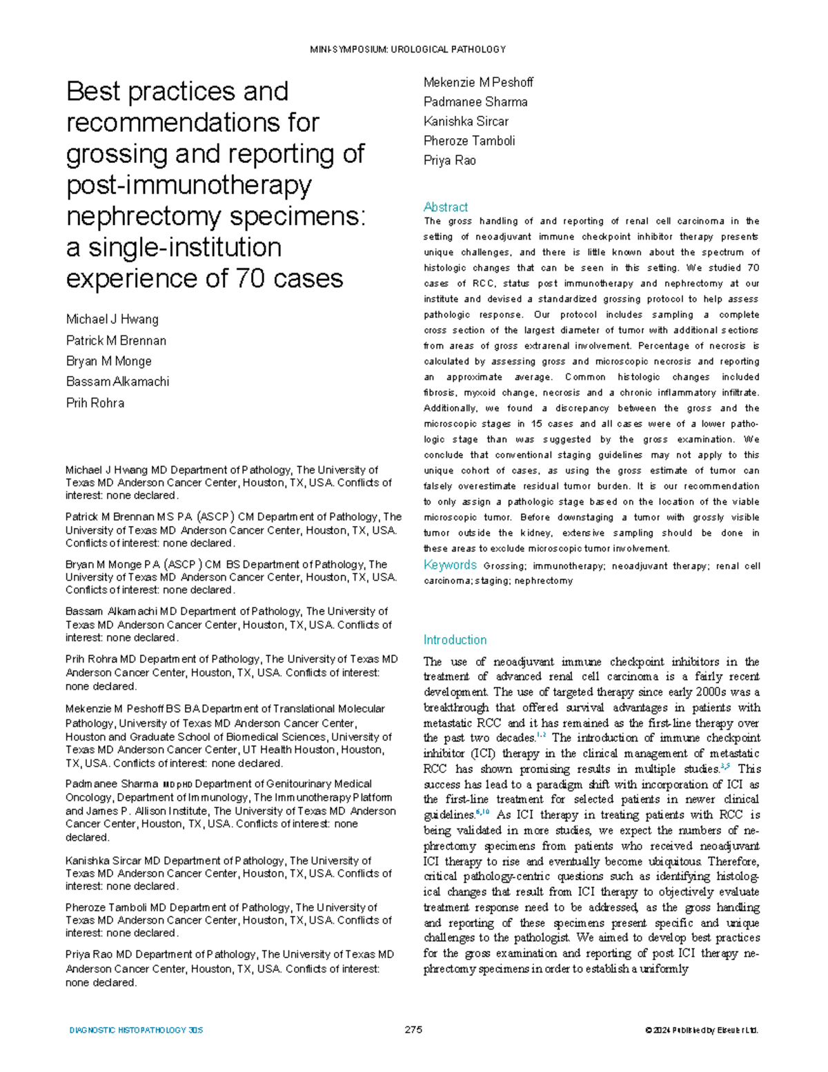 UROLOGICAL PATHOLOGY: Best Practices for Nephrectomy Specimens Post-ICI ...