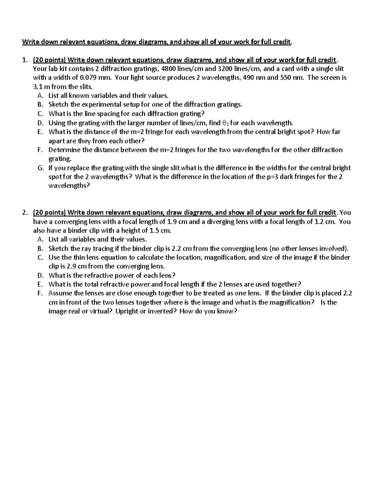 CP2Exam1 - College Physics 2 Exam 1 Open Response Solutions and Work ...