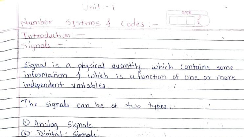 Unit 1 DTE Notes - Chapter 1 - Unit i DATE Number Systems Codes Signals ...