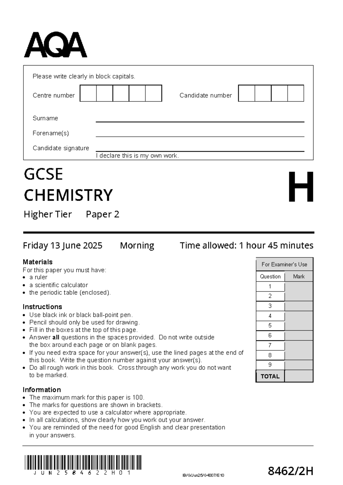 2025 AQA GCSE Chemistry Higher Tier Paper 2 - Exam Questions - Studocu