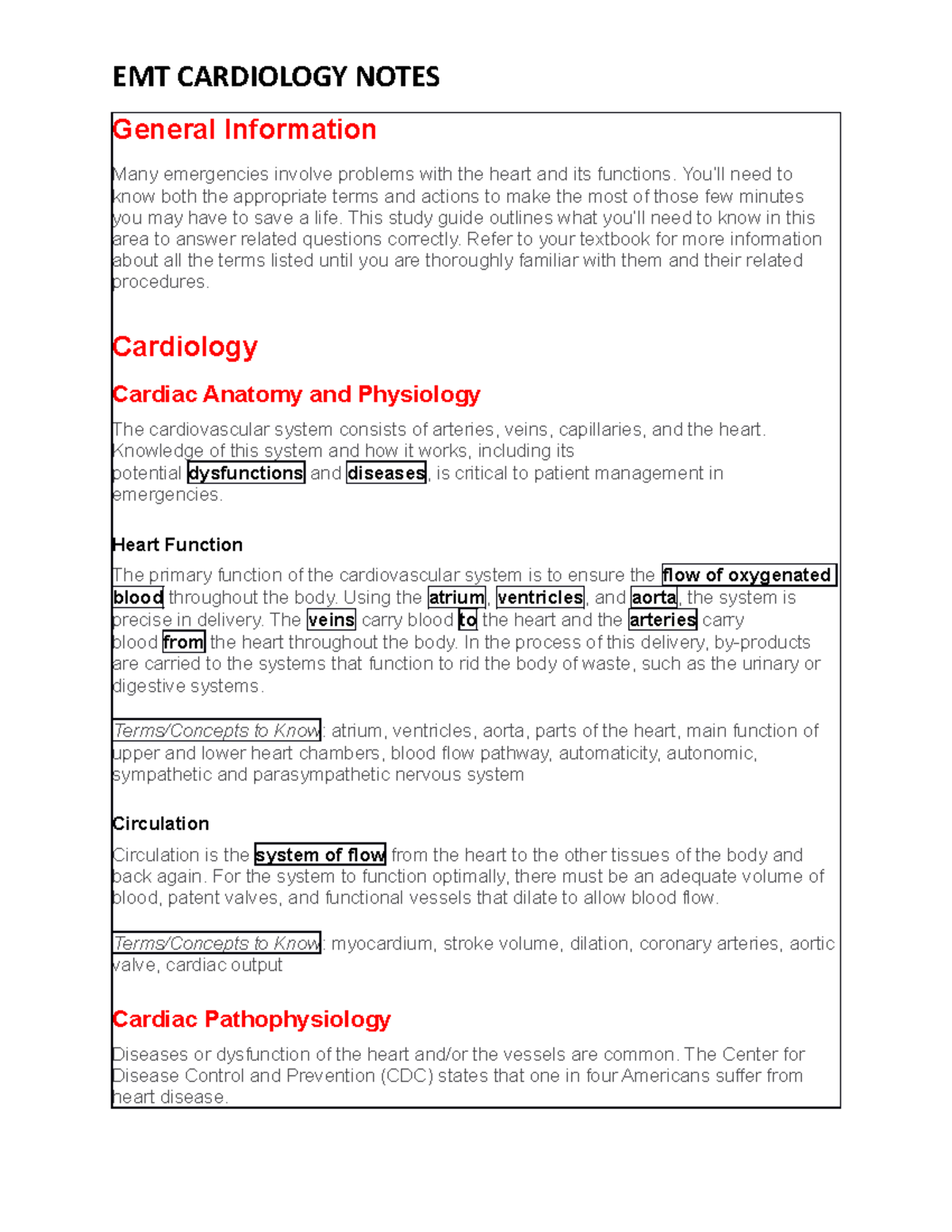 EMT Cardiology Notes - Cardiac Anatomy, Physiology & Surgical Care ...