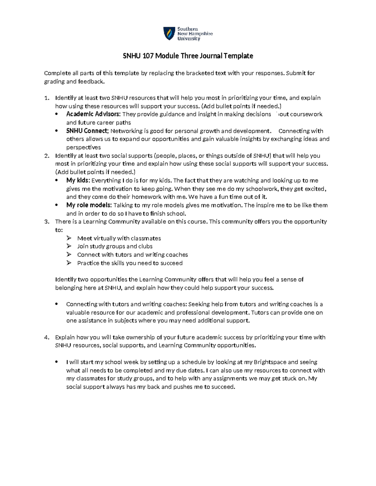 SNHU 107 Module Three Journal: Time Management & Support Strategies ...