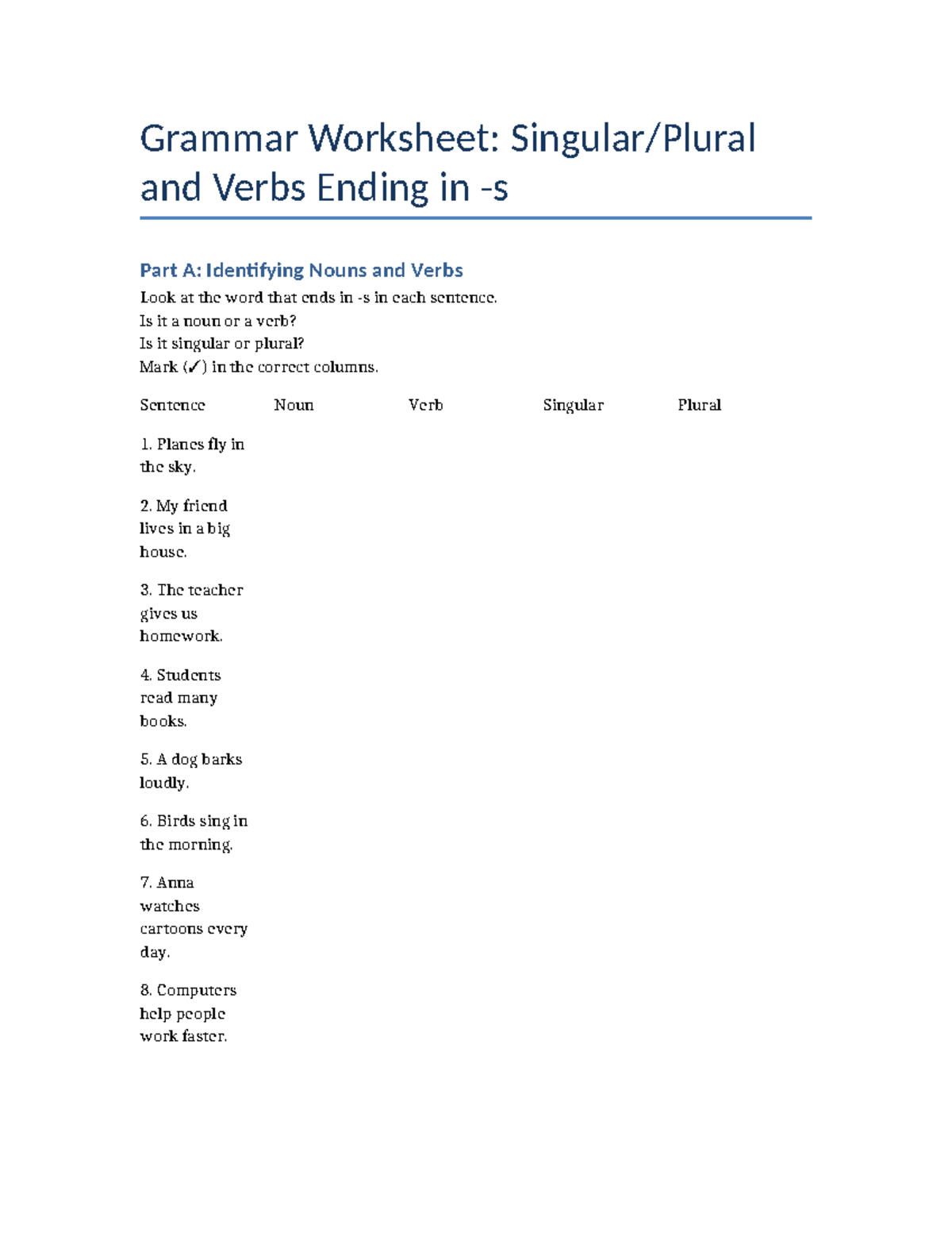 Grammar Worksheet: Identifying Nouns & Verbs (Part A) - Studocu